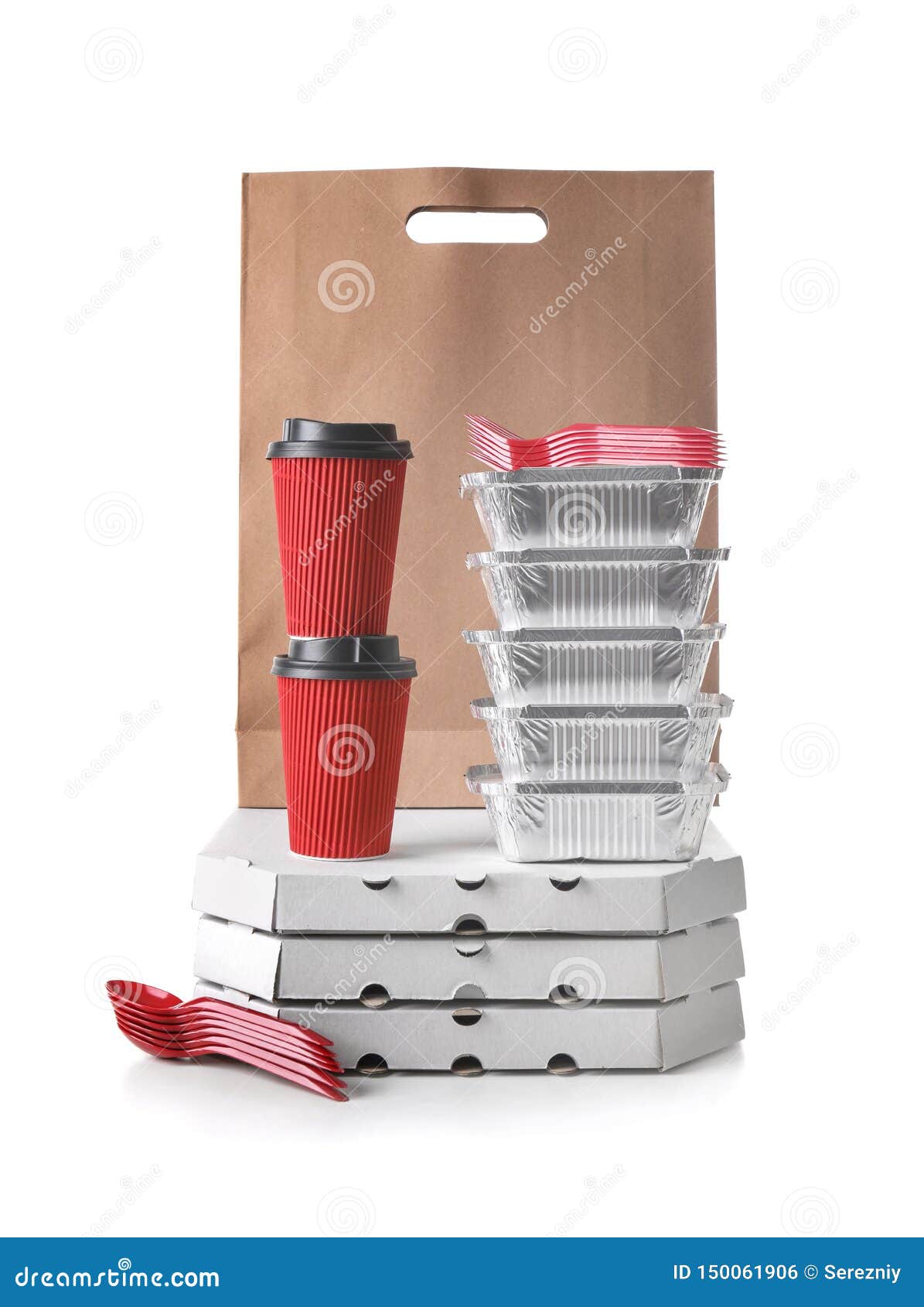 Different Types of Packages on White Background. Food Delivery Service ...