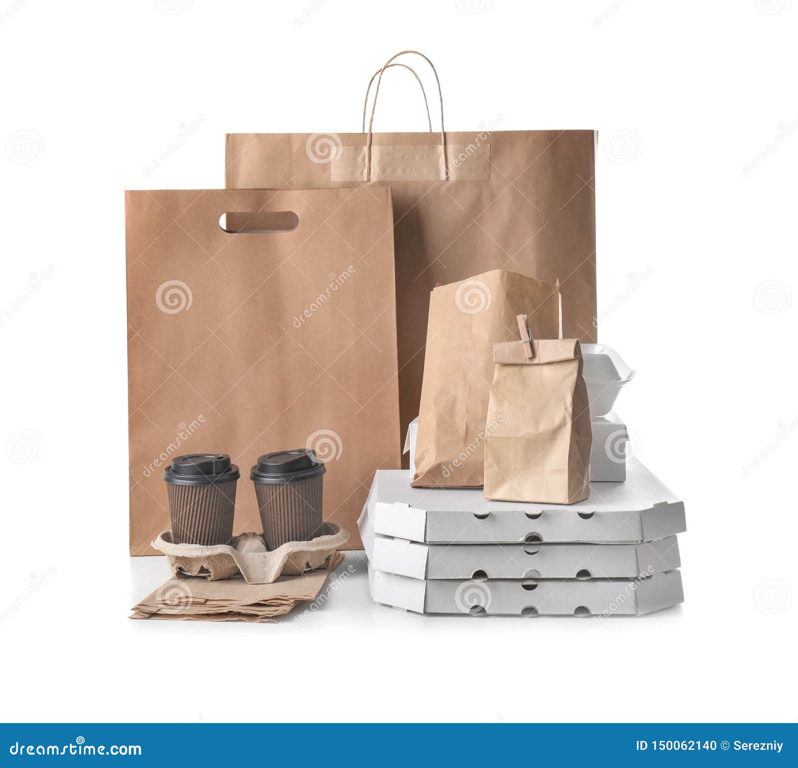 Different Types of Packages on White Background. Food Delivery Service ...