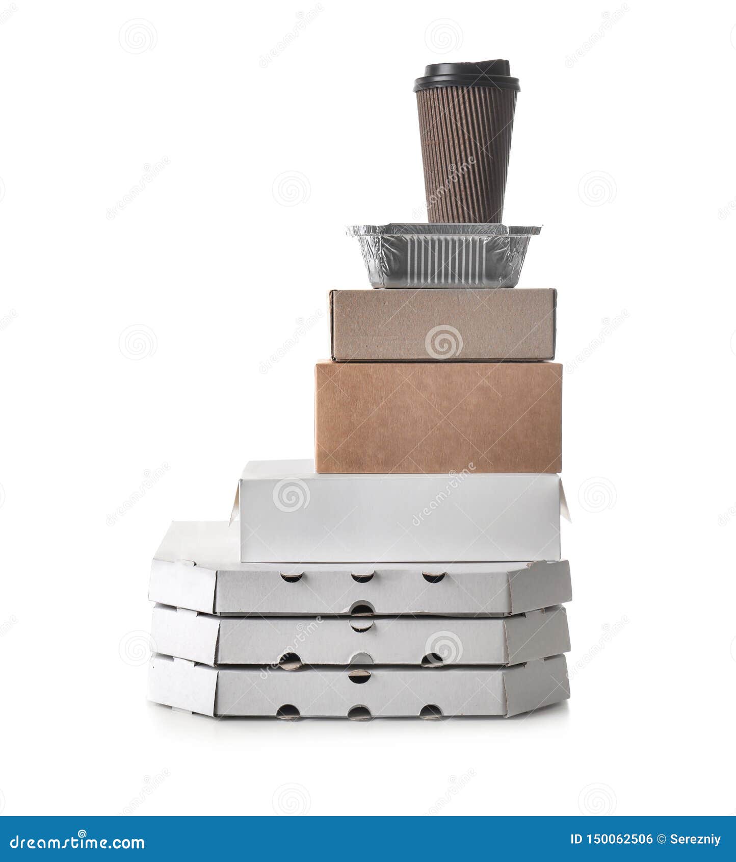 Different Types of Packages on White Background. Food Delivery Service ...