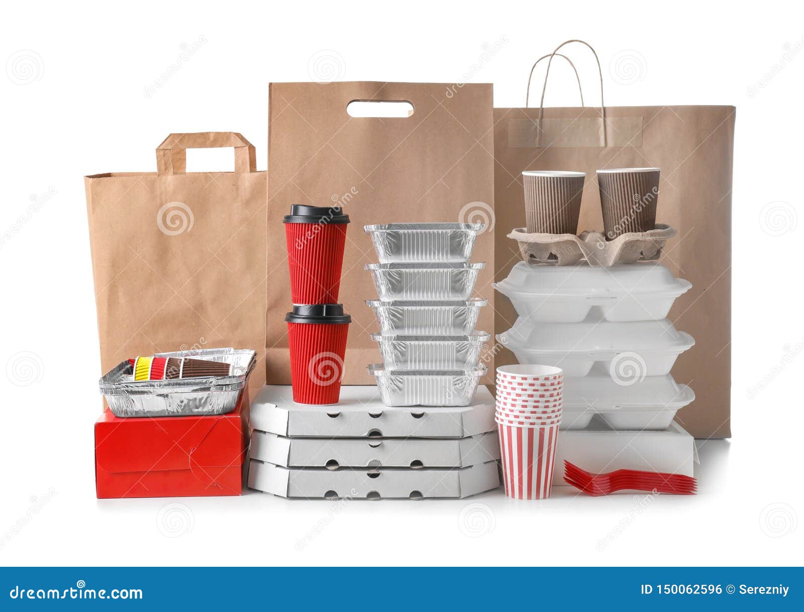 Different Types of Packages on White Background. Food Delivery Service ...
