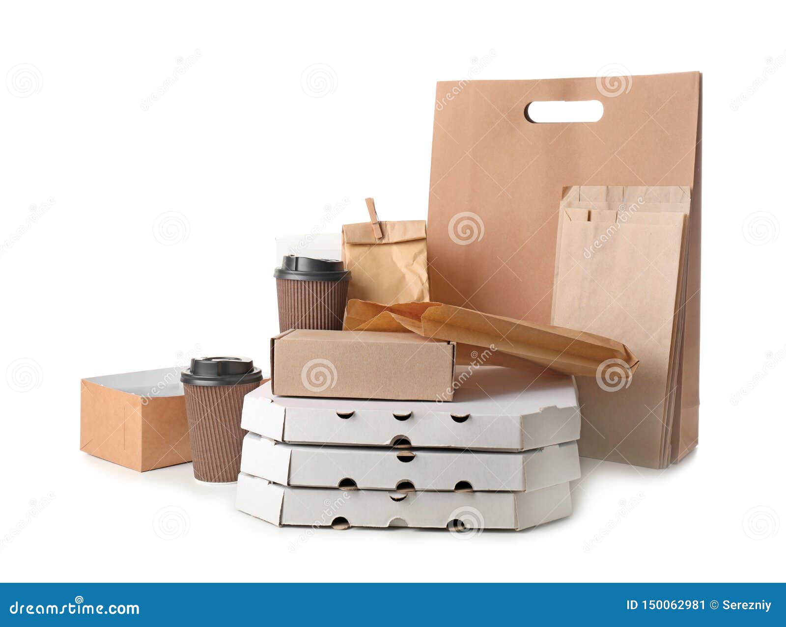 Different Types of Packages on White Background. Food Delivery Service ...