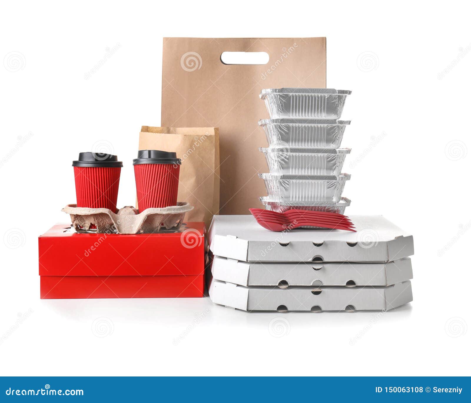 Different Types of Packages on White Background. Food Delivery Service ...