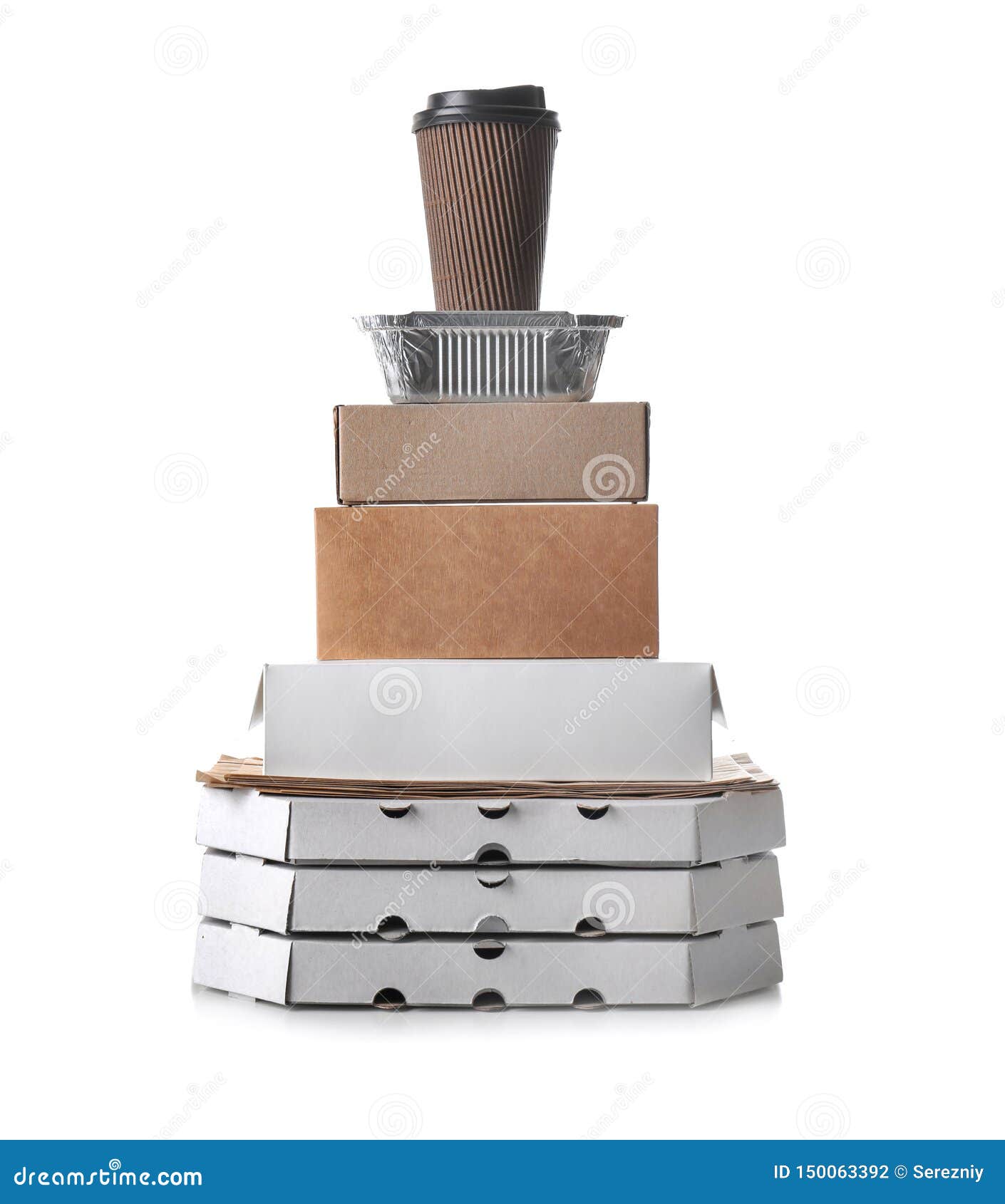 Different Types of Packages on White Background. Food Delivery Service ...