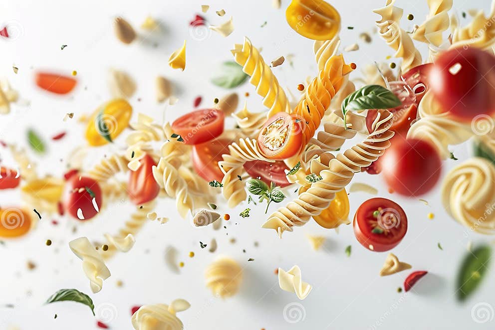 Different Types of Pasta Flying and Floating in the Air Chaotically and ...