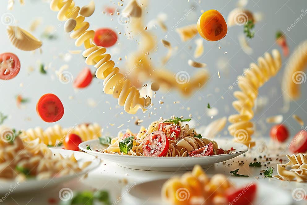 Different Types of Pasta Flying and Floating in the Air Chaotically and ...