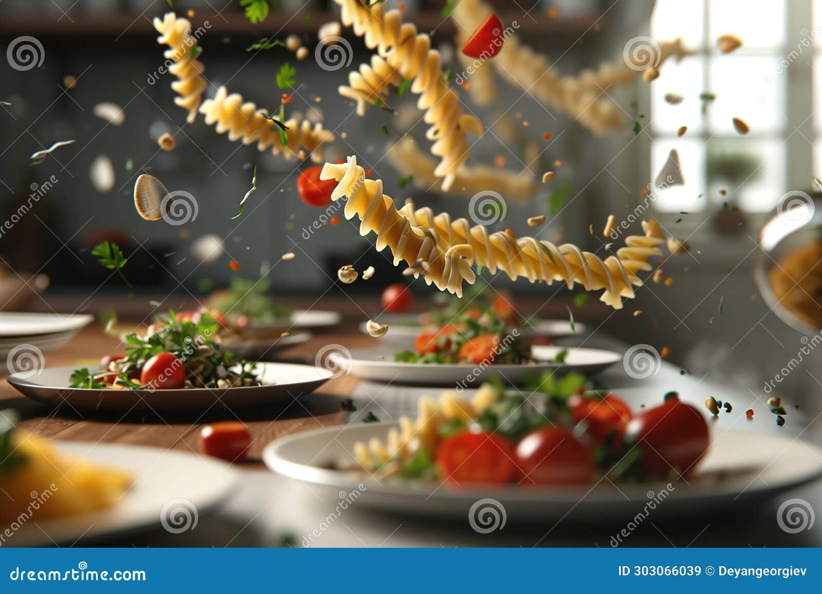 Different Types of Pasta Flying and Floating in the Air Chaotically and ...