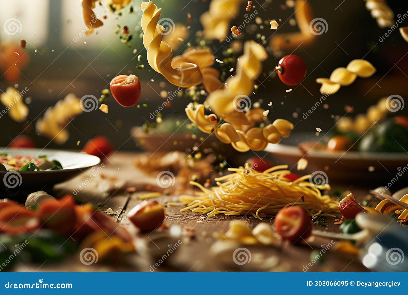 Different Types of Pasta Flying and Floating in the Air Chaotically and ...