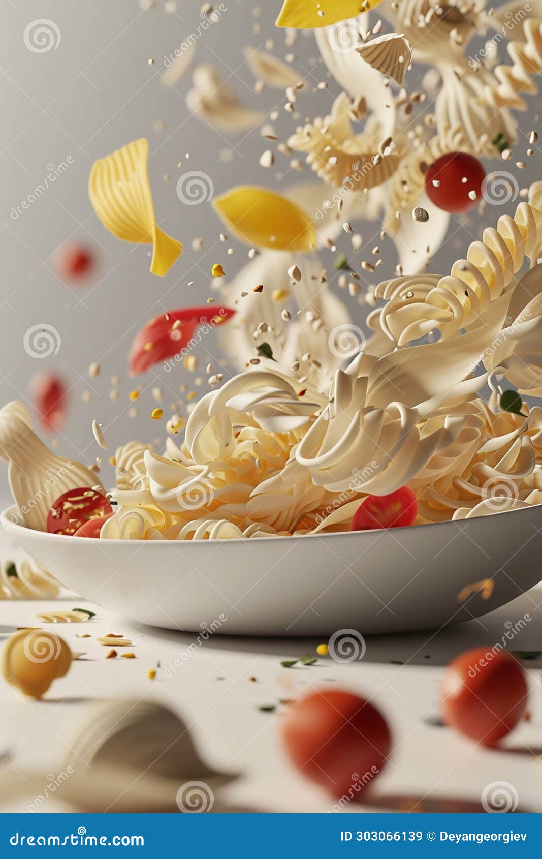 Different Types of Pasta Flying and Floating in the Air Chaotically and ...
