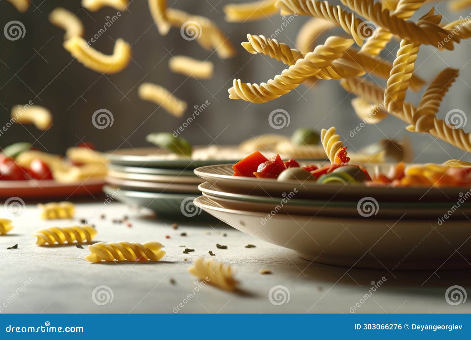 Different Types of Pasta Flying and Floating in the Air Chaotically and ...