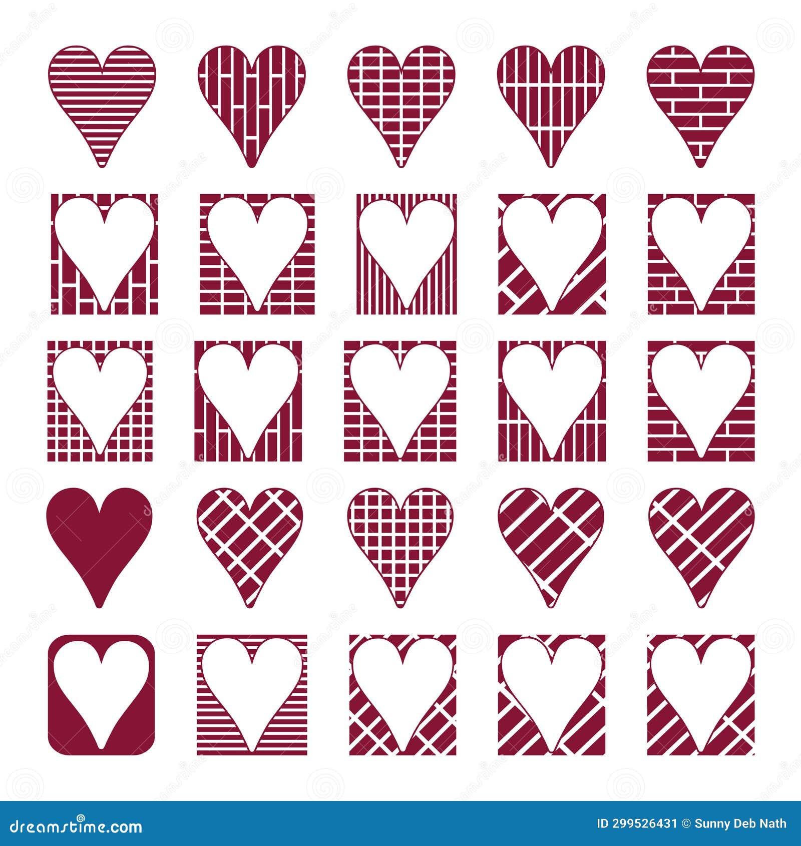 Different Types of Patterns in Love Shaped Vector Illustrations. Stock ...