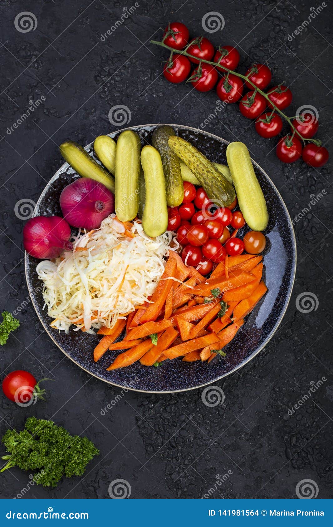 Different Types of Pickled Vegetables on a Dark Background Stock Photo ...