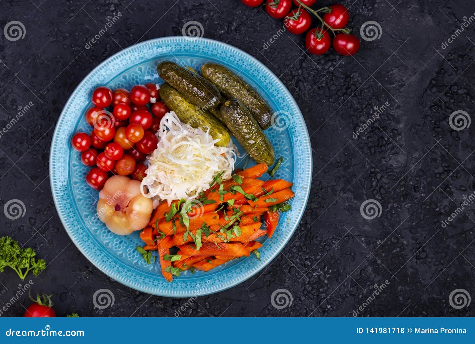 Different Types of Pickled Vegetables on a Dark Background Stock Photo ...