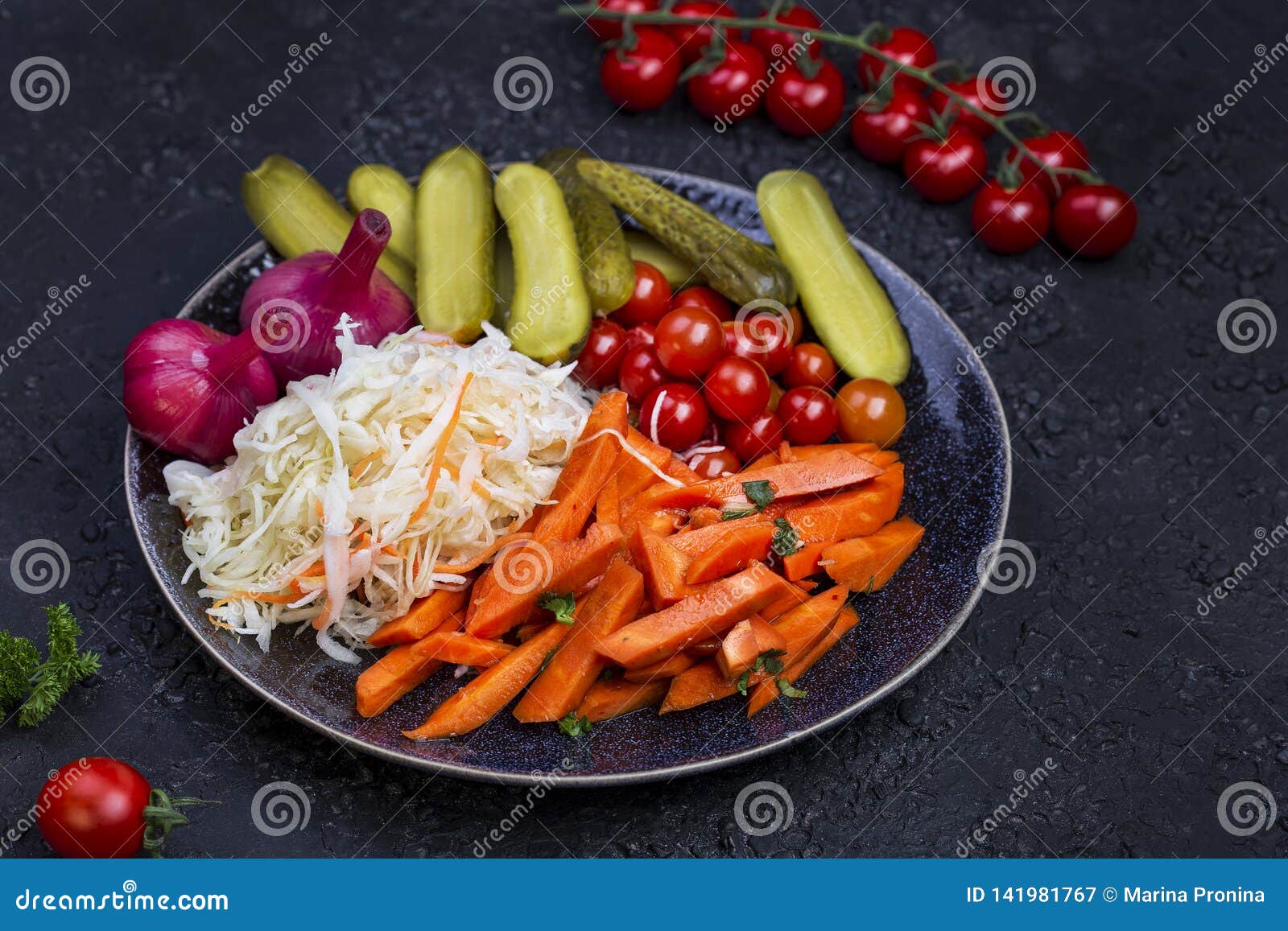 Different Types of Pickled Vegetables on a Dark Background Stock Image ...