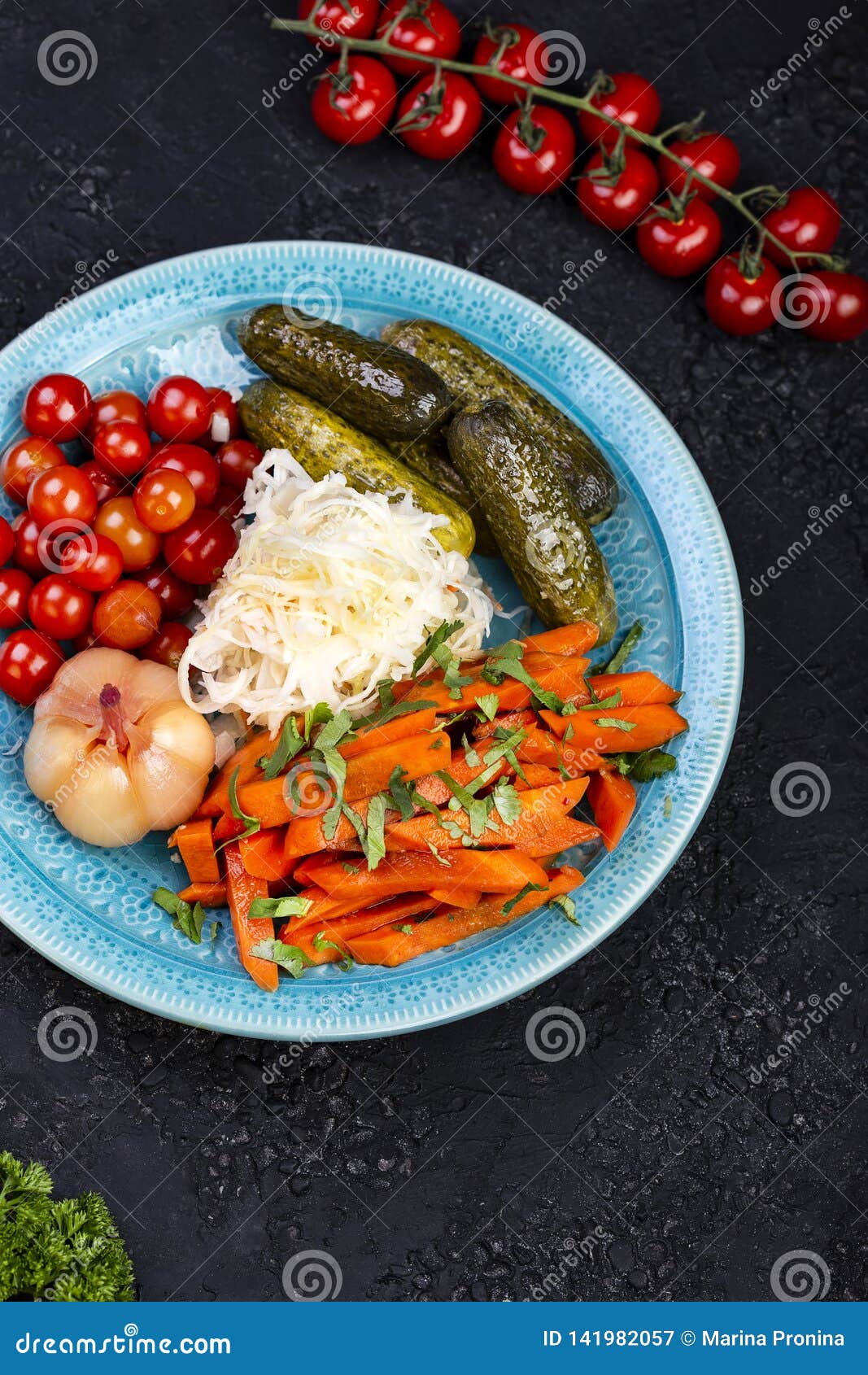 Different Types of Pickled Vegetables on a Dark Background Stock Image ...