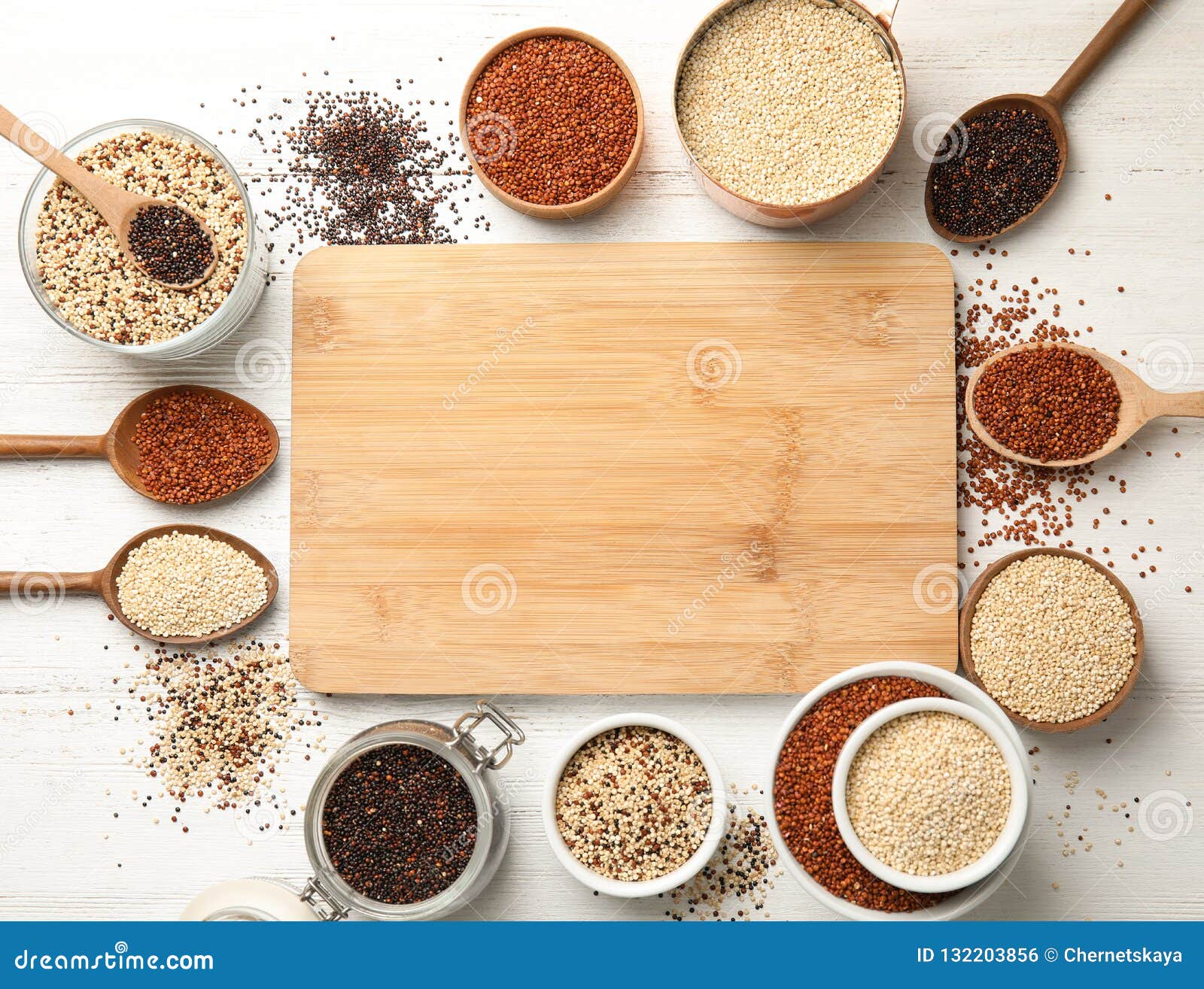 Different Types of Quinoa and Empty Wooden Board Stock Photo - Image of ...