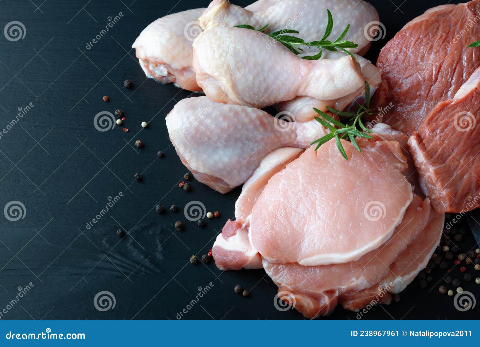 Different Types of Raw Meat on a Black Backgroun Stock Image - Image of ...