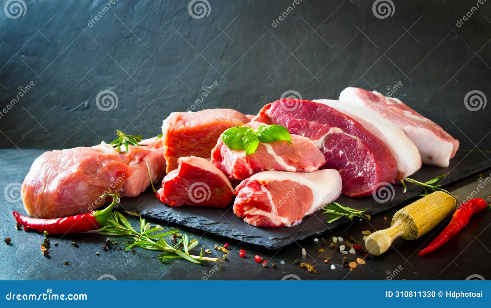 Different Types of Raw Pork Meat and Beef. on the Black Chalkboard ...