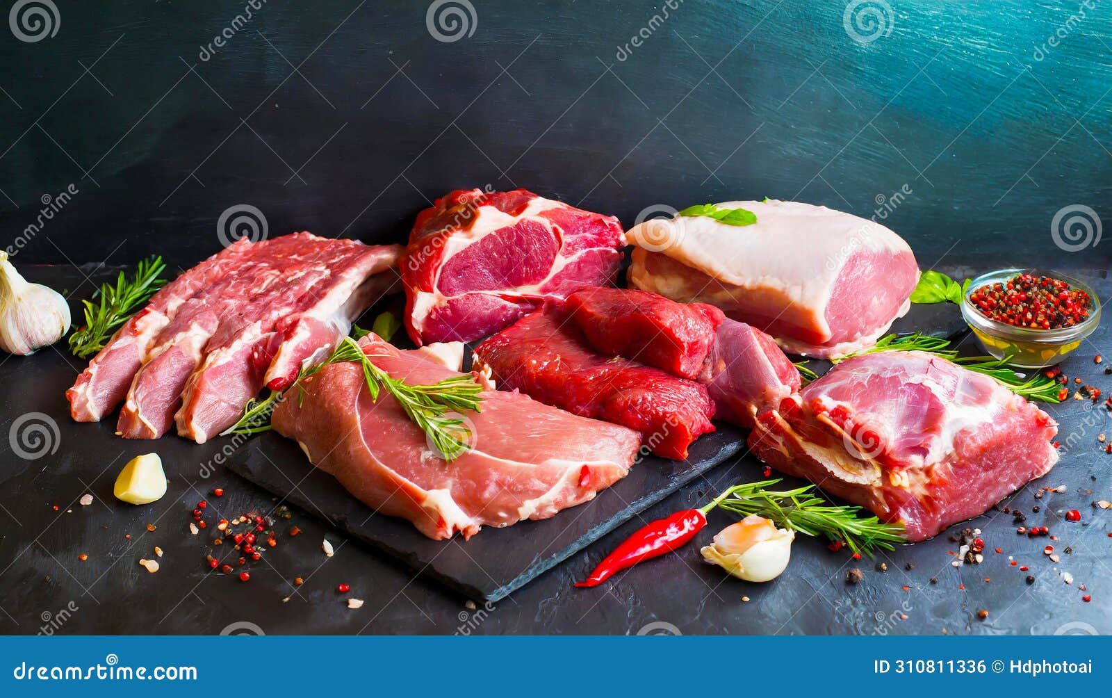 Different Types of Raw Pork Meat and Beef. on the Black Chalkboard ...