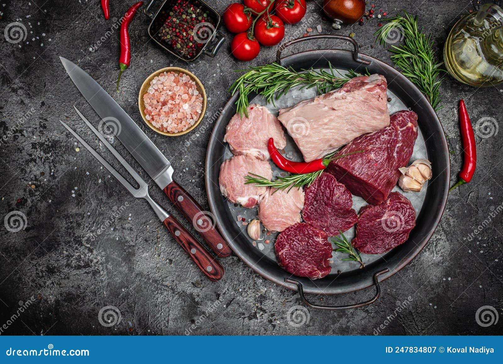 Different Types of Raw Pork Meat and Beef on a Dark Background. Various ...