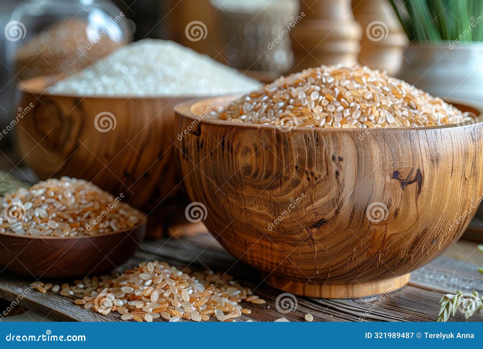 Different Types of Rice in Bowls on Wooden Table Stock Image - Image of ...