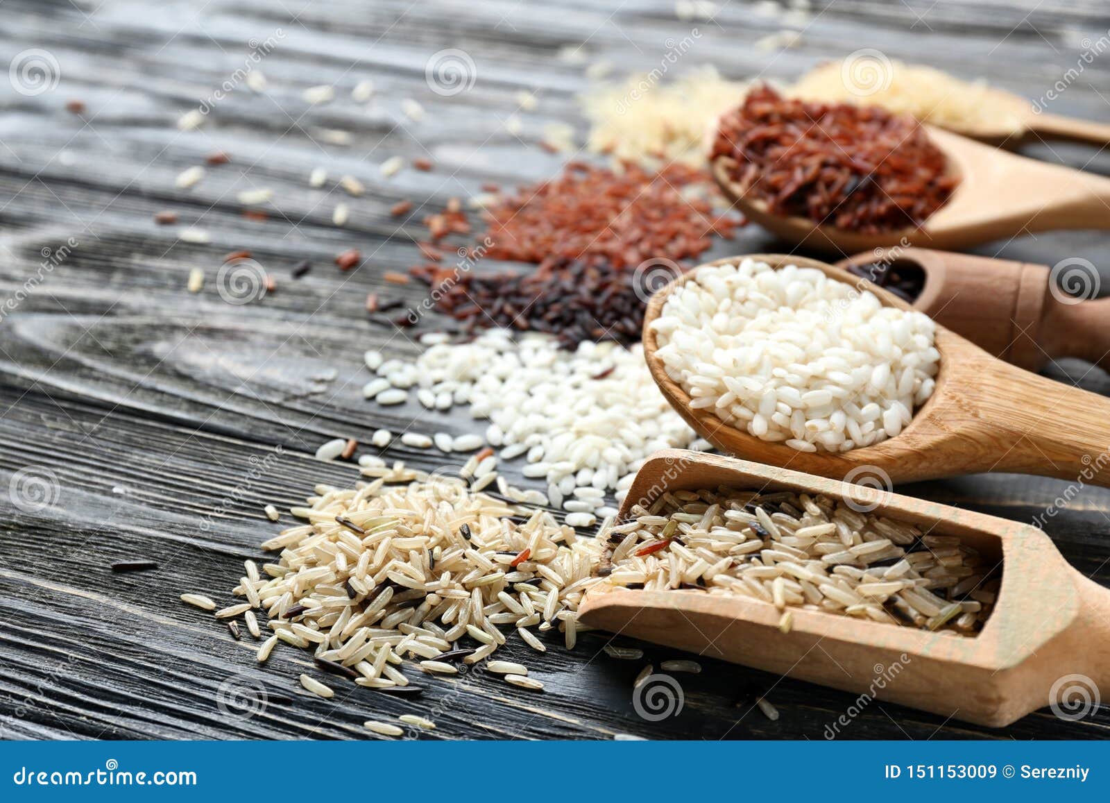 Different Types of Rice on Wooden Background Stock Image - Image of ...