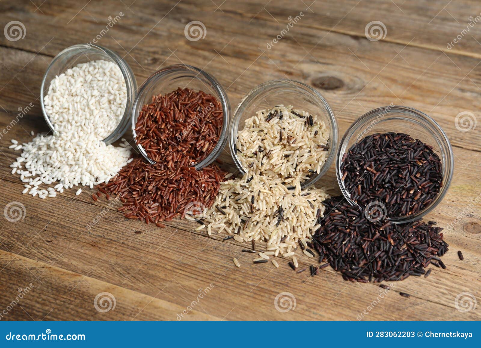 Different Types of Rice on Wooden Table Stock Image - Image of organic ...