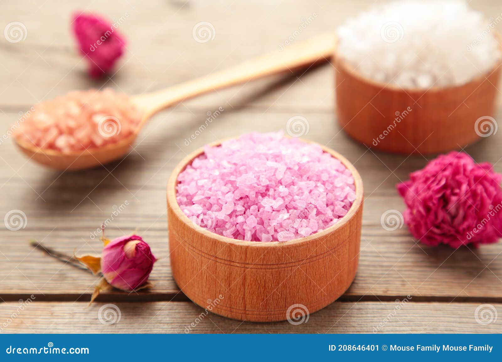Different Types of Salt with Roses on Grey Background Stock Image ...