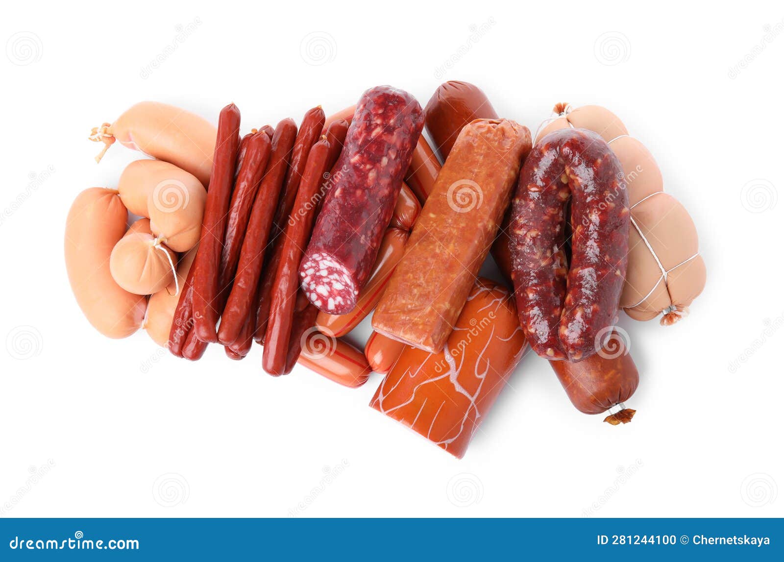 Different Types of Sausages Isolated on White, Top View Stock Photo ...