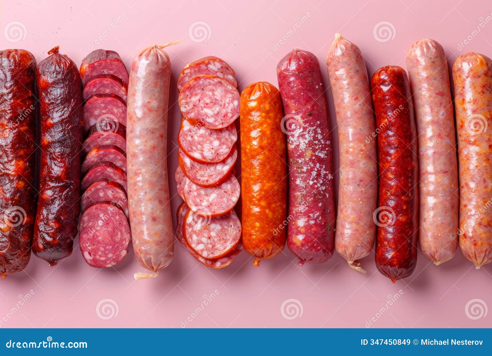 Different Types of Sausages on a Pink Background Stock Image - Image of ...