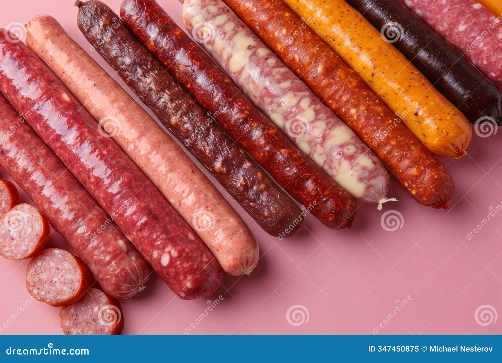 Different Types of Sausages on a Pink Background Stock Image - Image of ...