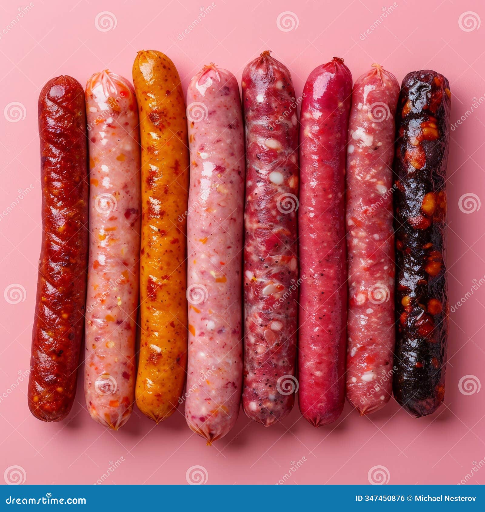 Different Types of Sausages on a Pink Background Stock Photo - Image of ...