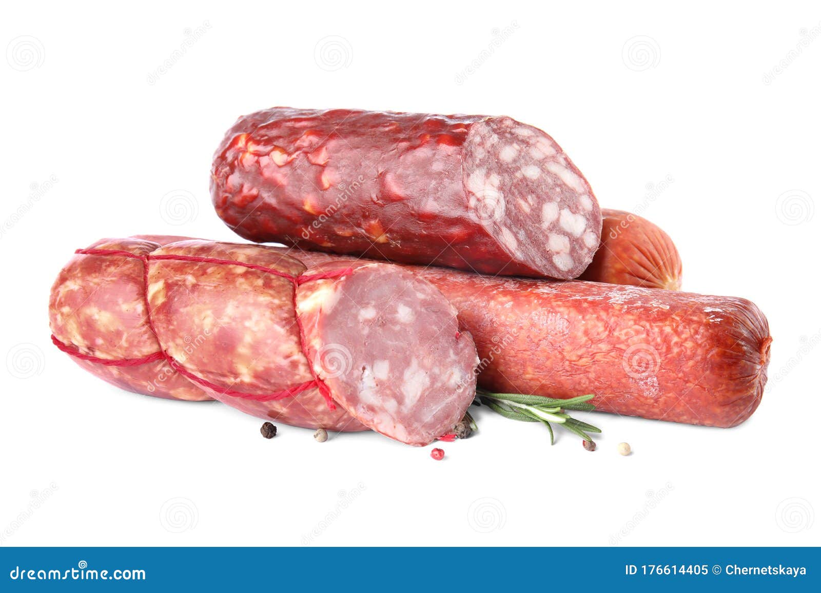 Different Types of Sausages on Background Stock Image - Image of pork ...