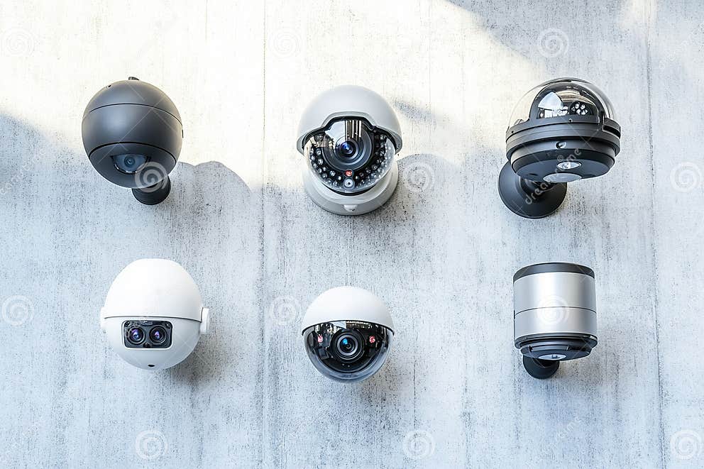 Different Types of Security Cameras are Displayed on Concrete Wall ...