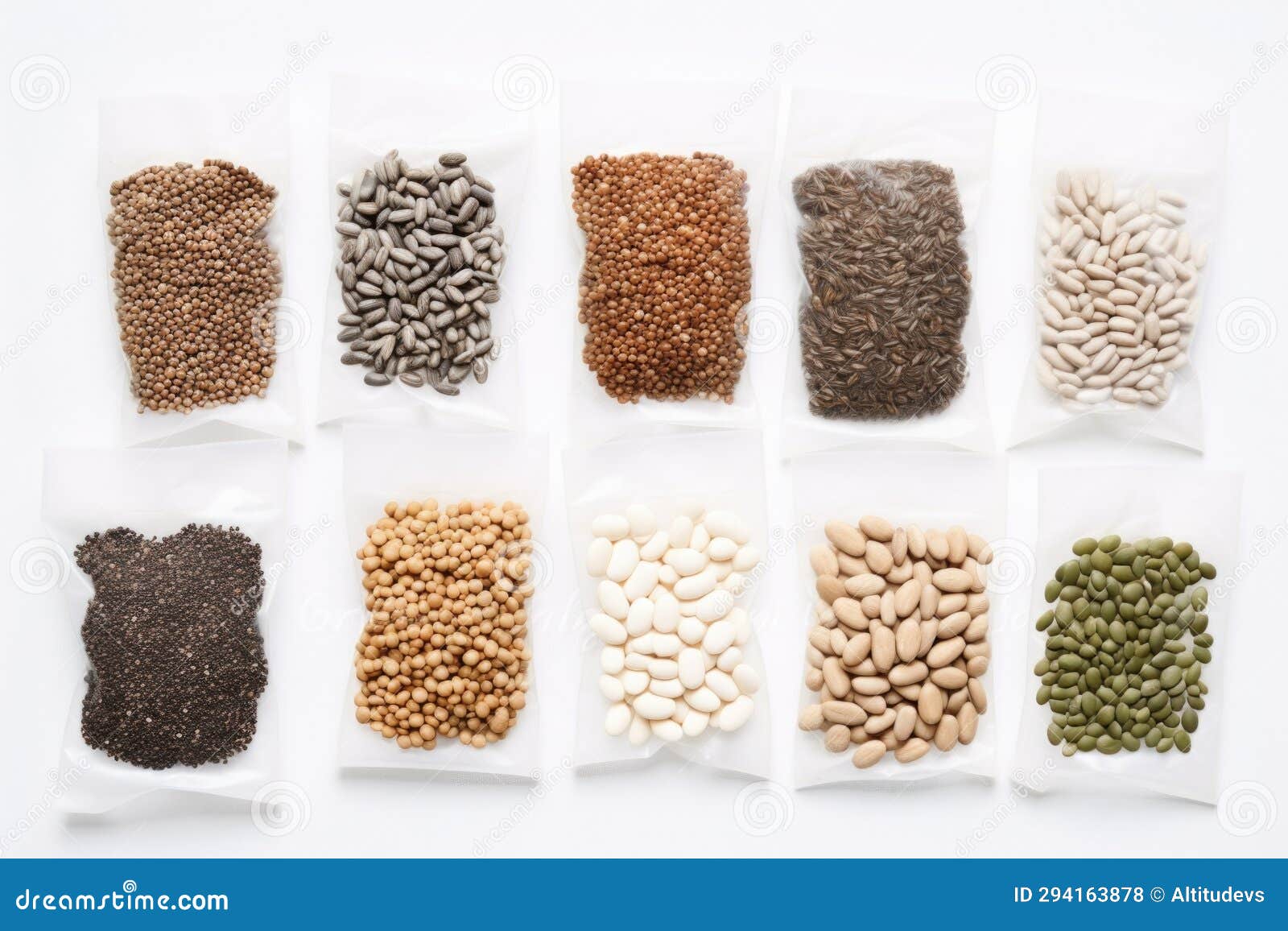 Different Types of Seeds in Small Bags on a White Surface Stock ...