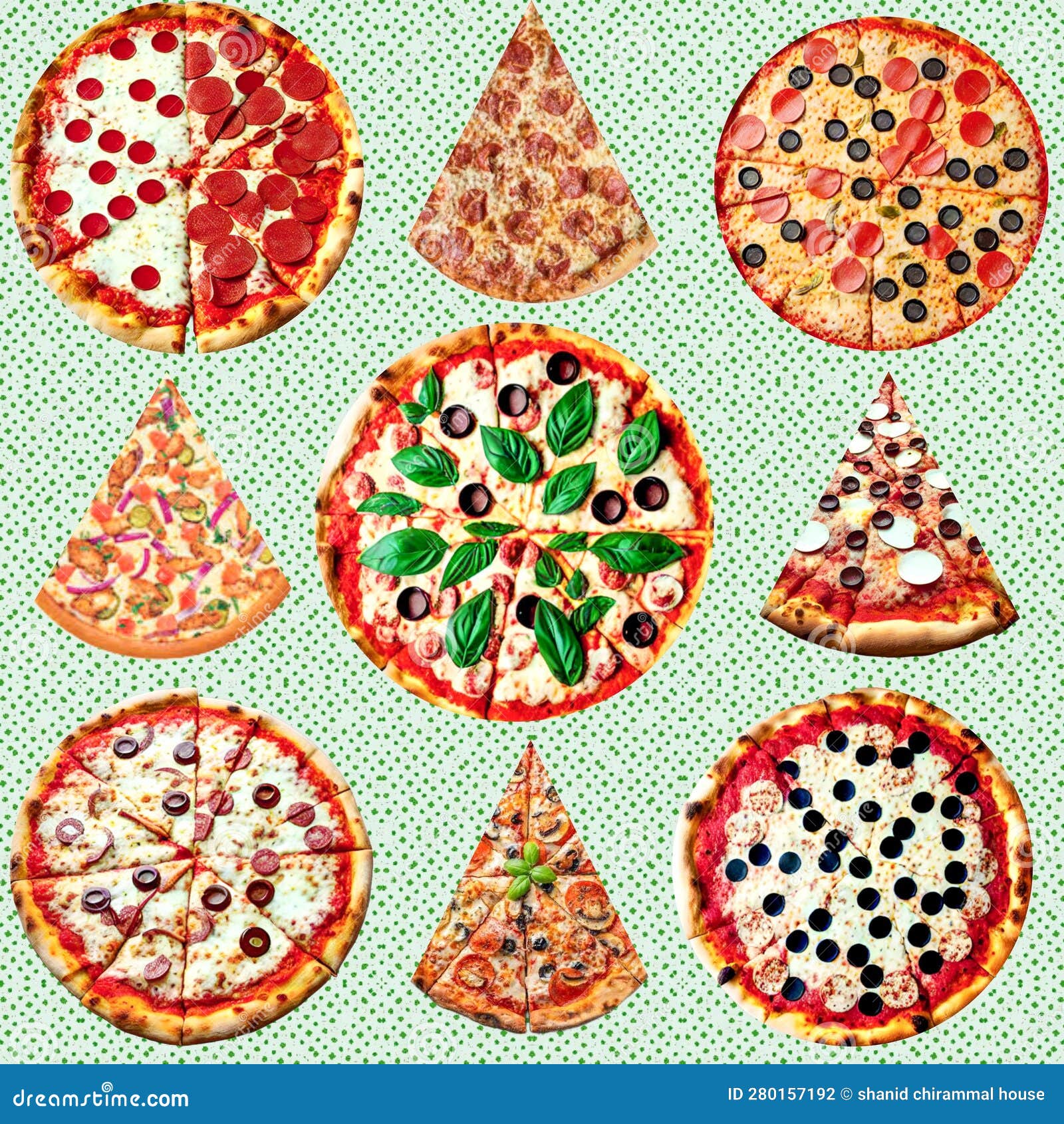 Different Types and Shapes of Pizza on Beautiful Pattern Background ...