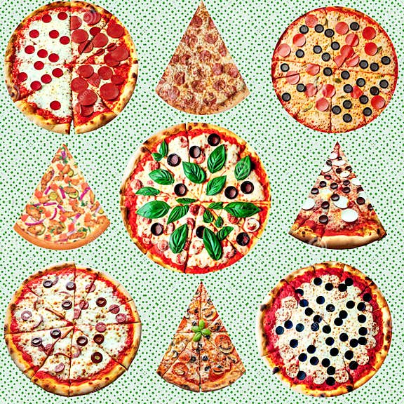 Different Types and Shapes of Pizza on Beautiful Pattern Background ...