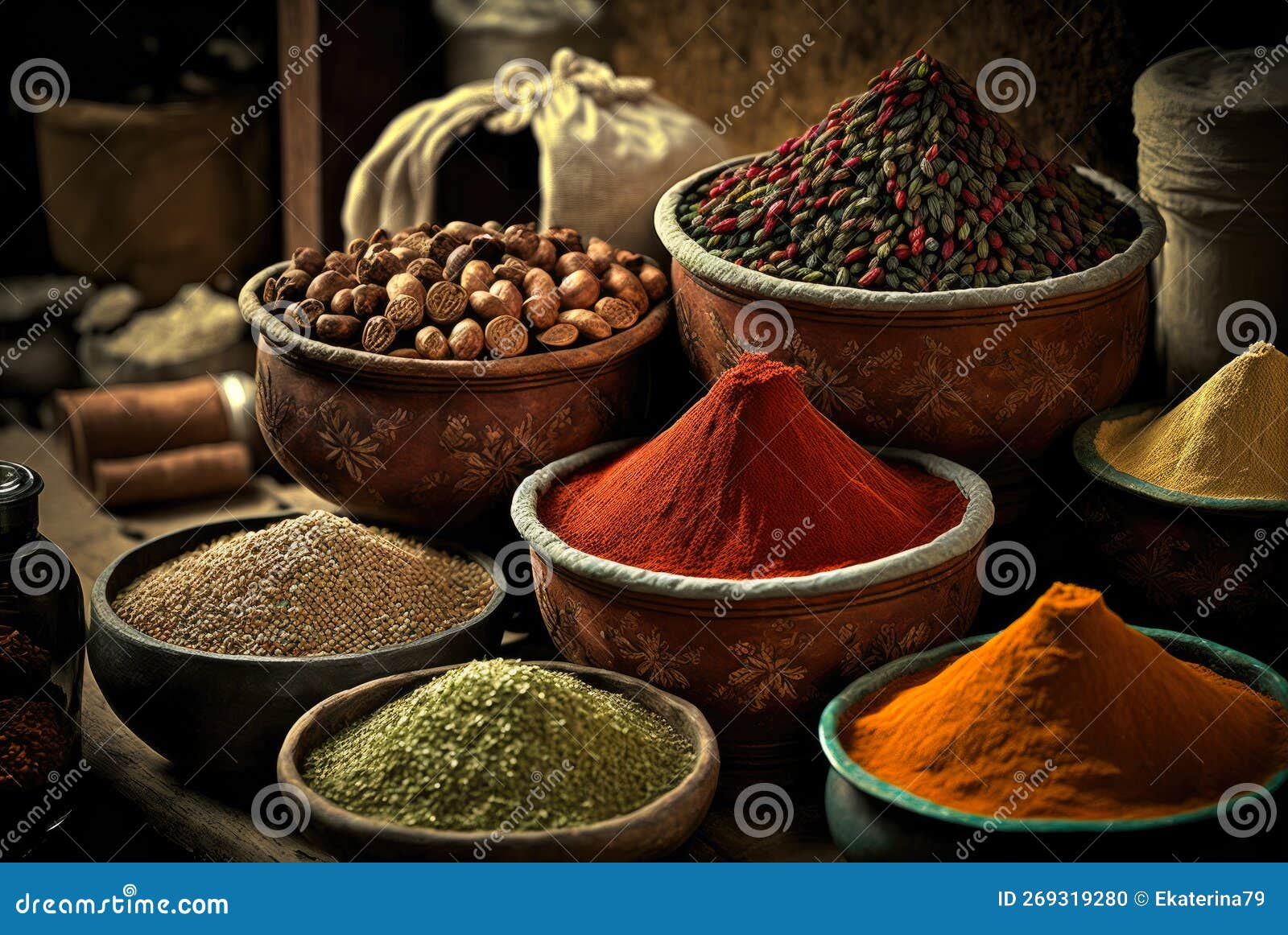 Different Types Spices in Bowls Selling on a Market. Created with ...
