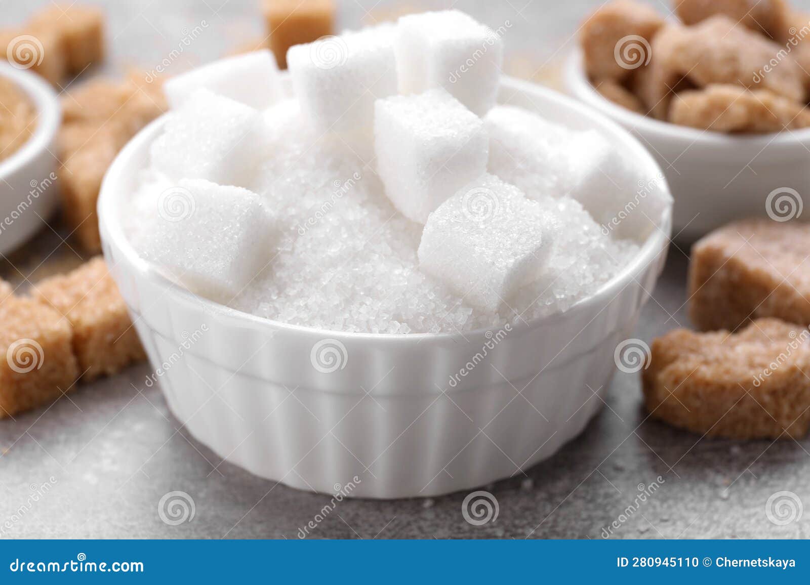 Different Types of Sugar on Grey Table, Closeup Stock Photo - Image of ...