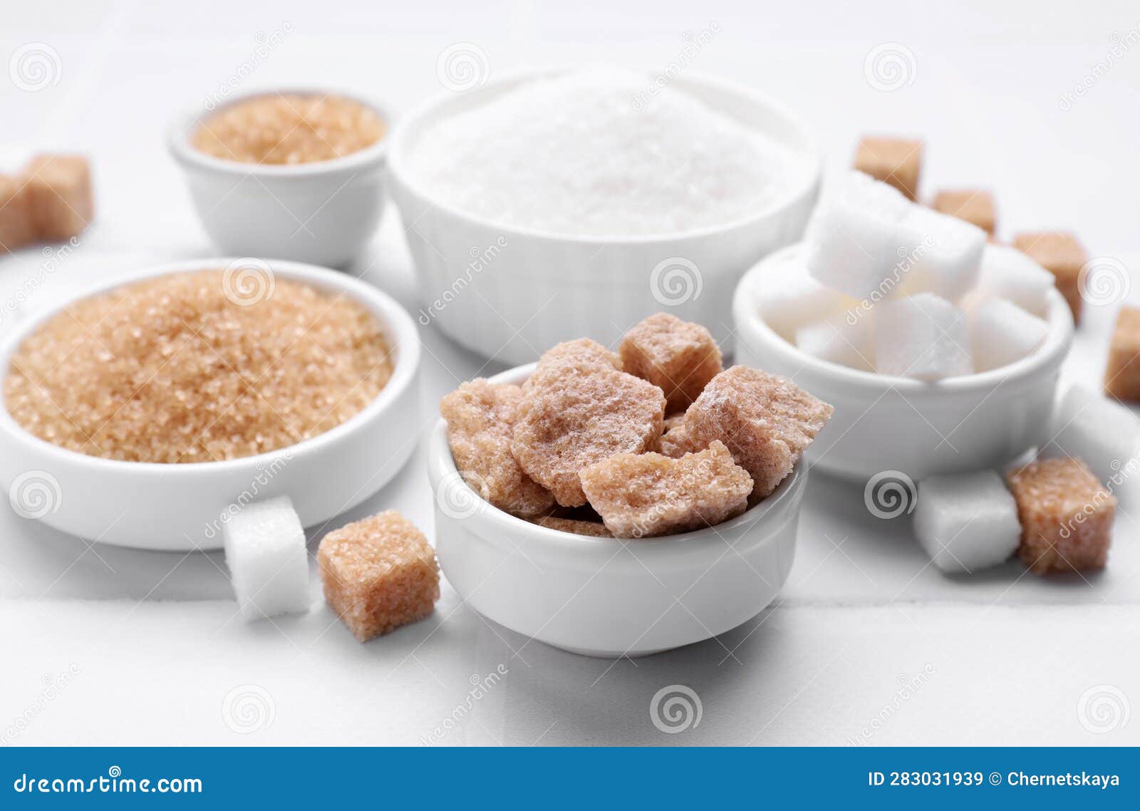 Different Types of Sugar on White Table, Closeup Stock Image - Image of ...