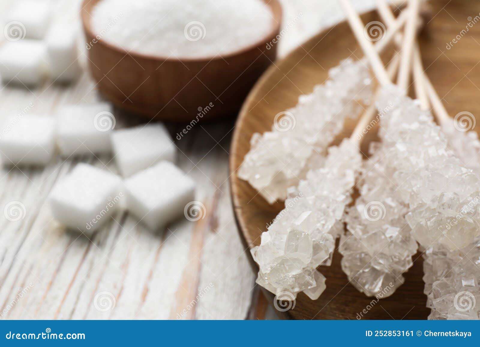 Different Types of Sugar on White Wooden Table, Closeup Stock Image ...