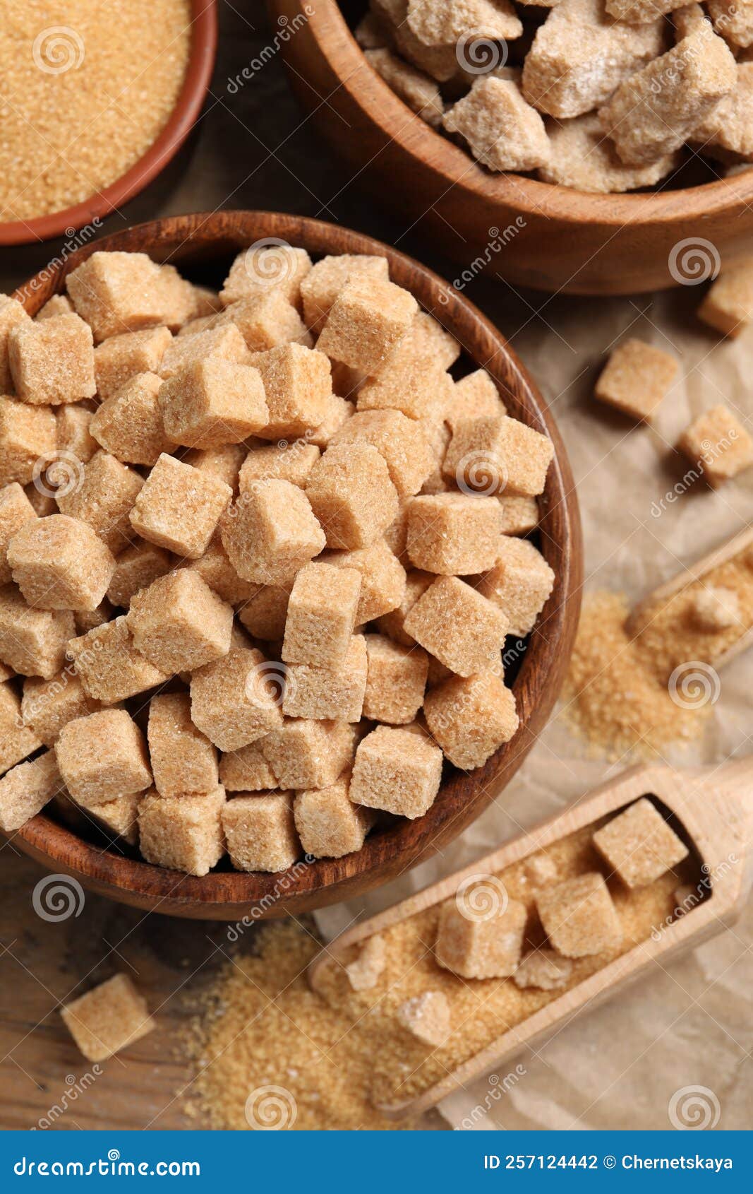 Different Types of Sugar on Wooden Table, Above View Stock Photo ...