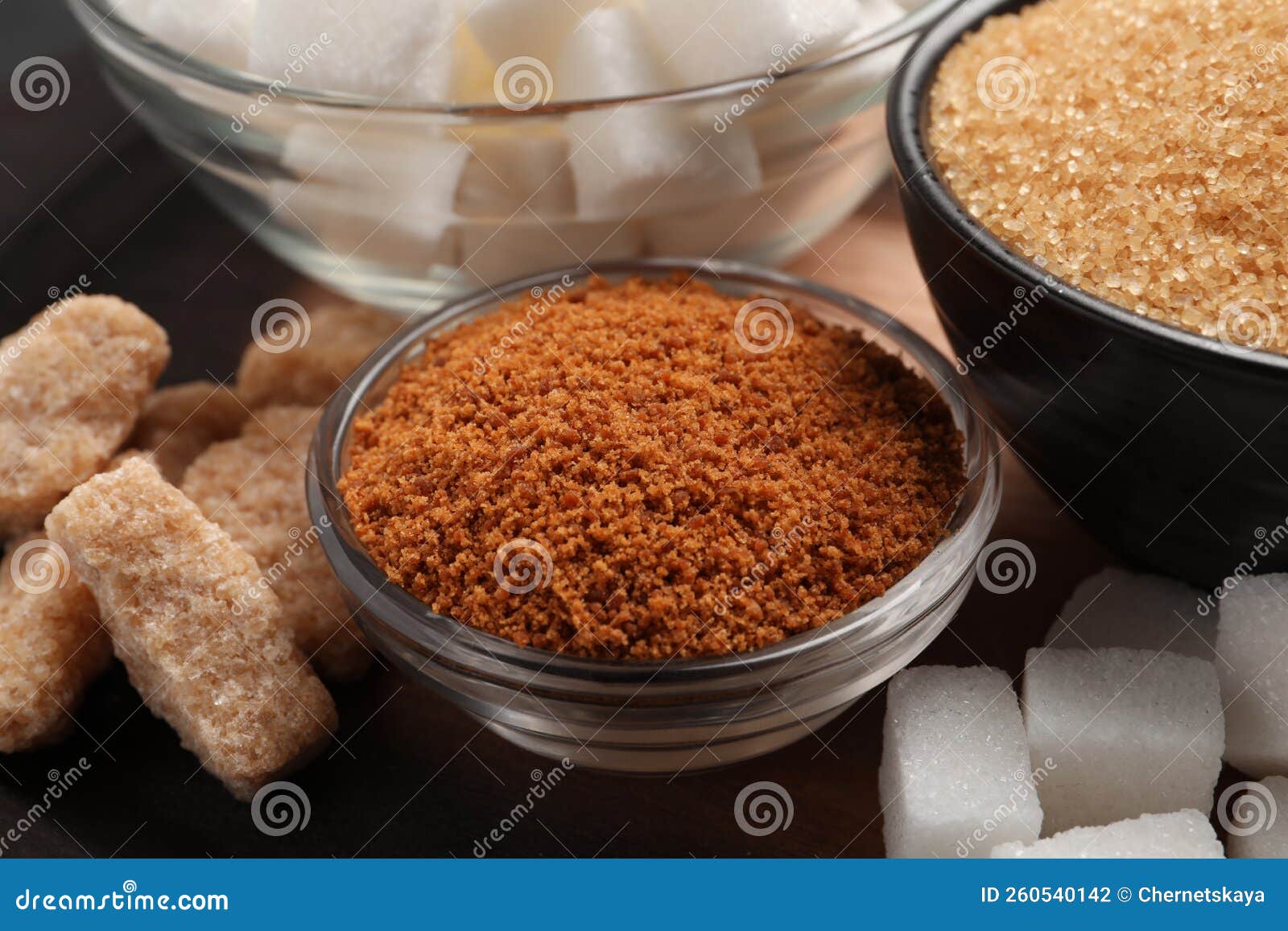 Different Types of Sugar on Wooden Table, Closeup Stock Photo - Image ...