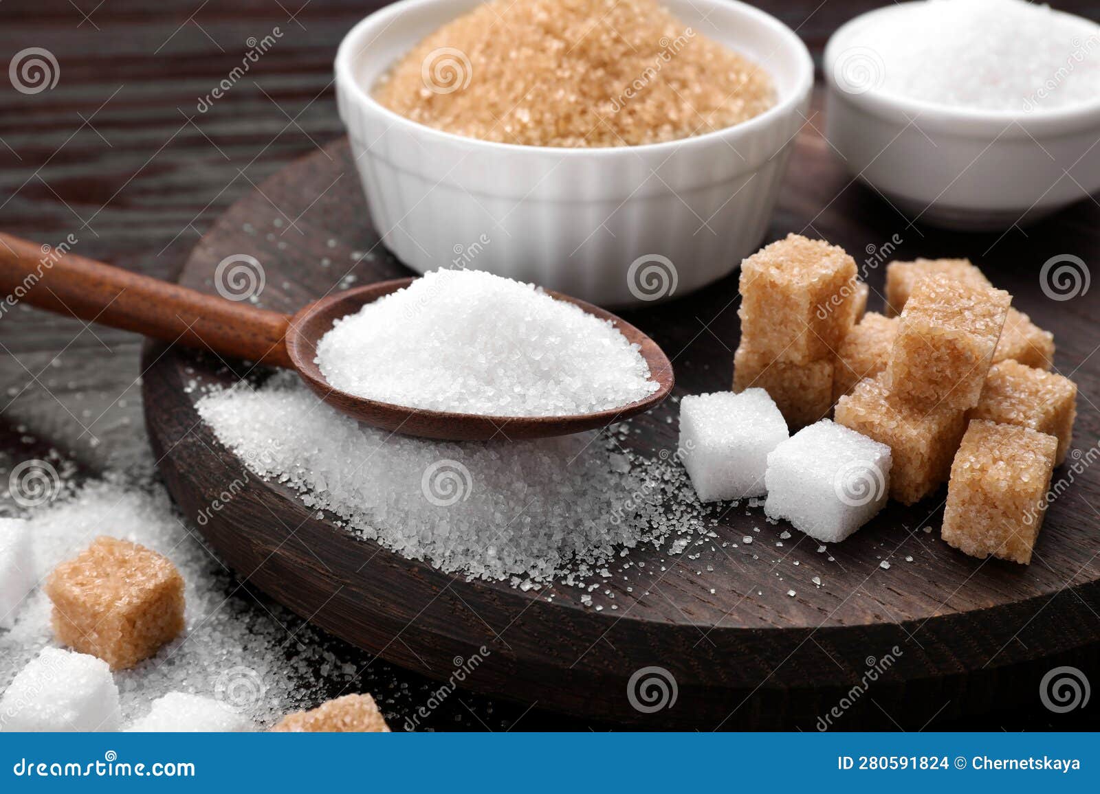 Different Types of Sugar on Wooden Table, Closeup Stock Photo - Image ...