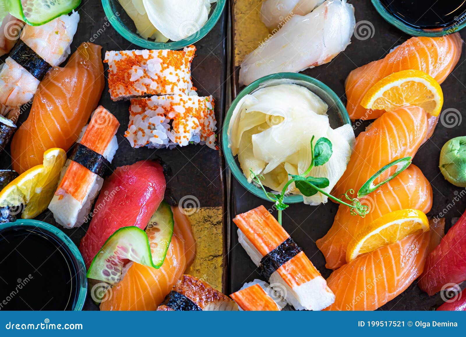 Different Types of Sushi Sashimi Rolls Big Sushi Set Close Up Stock ...