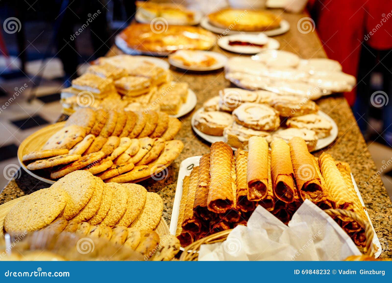 Different Types of Sweet Pastries on Plates Stock Photo - Image of shop ...