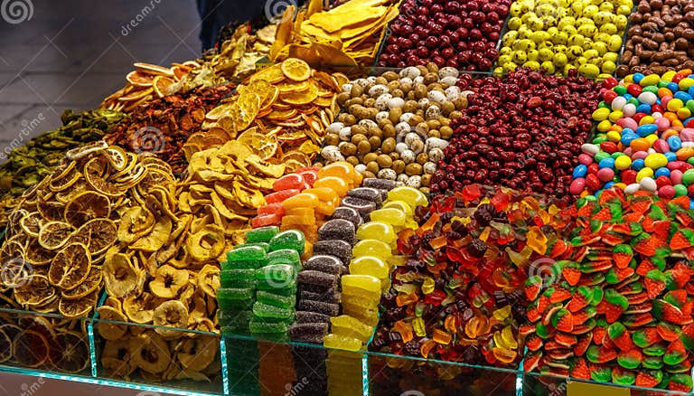 Different Types of Sweets on Market Counter Stock Photo - Image of ...