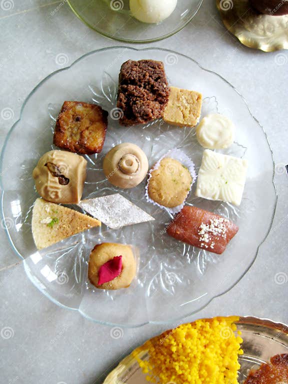 Different Types of Sweets on Plate Stock Photo - Image of india, silver ...