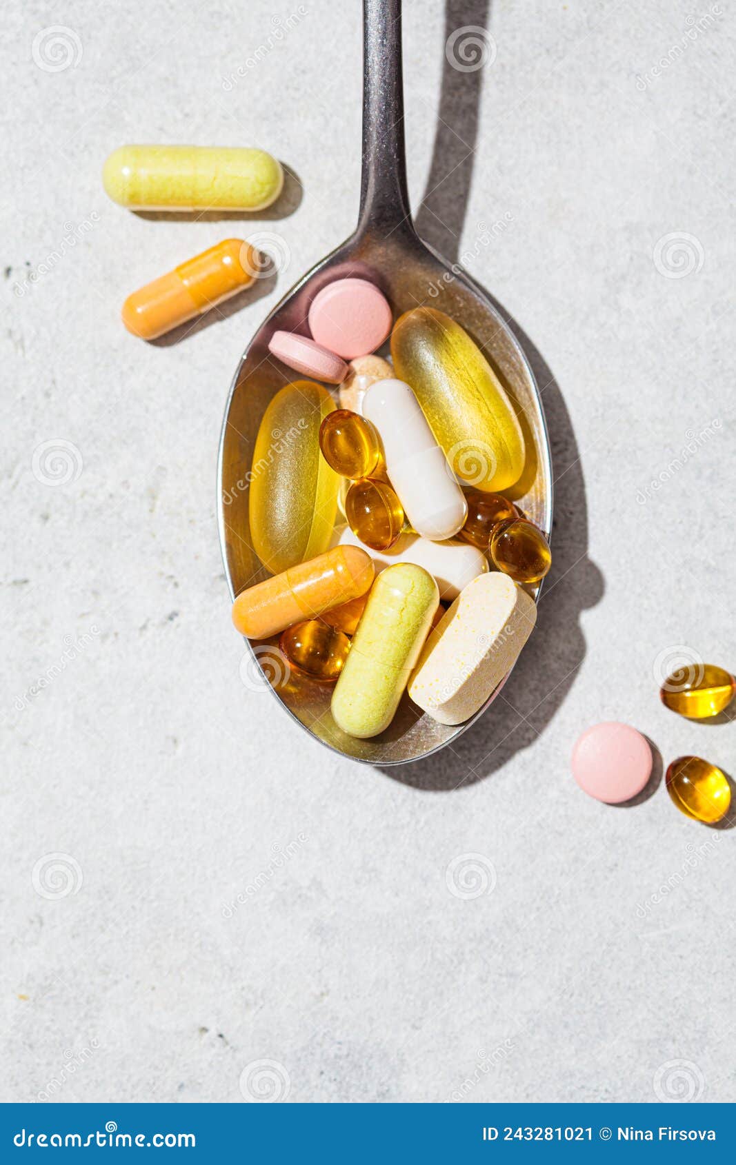 Different Types of Tablets, Pills, Capsules and Vitamins in Spoon ...