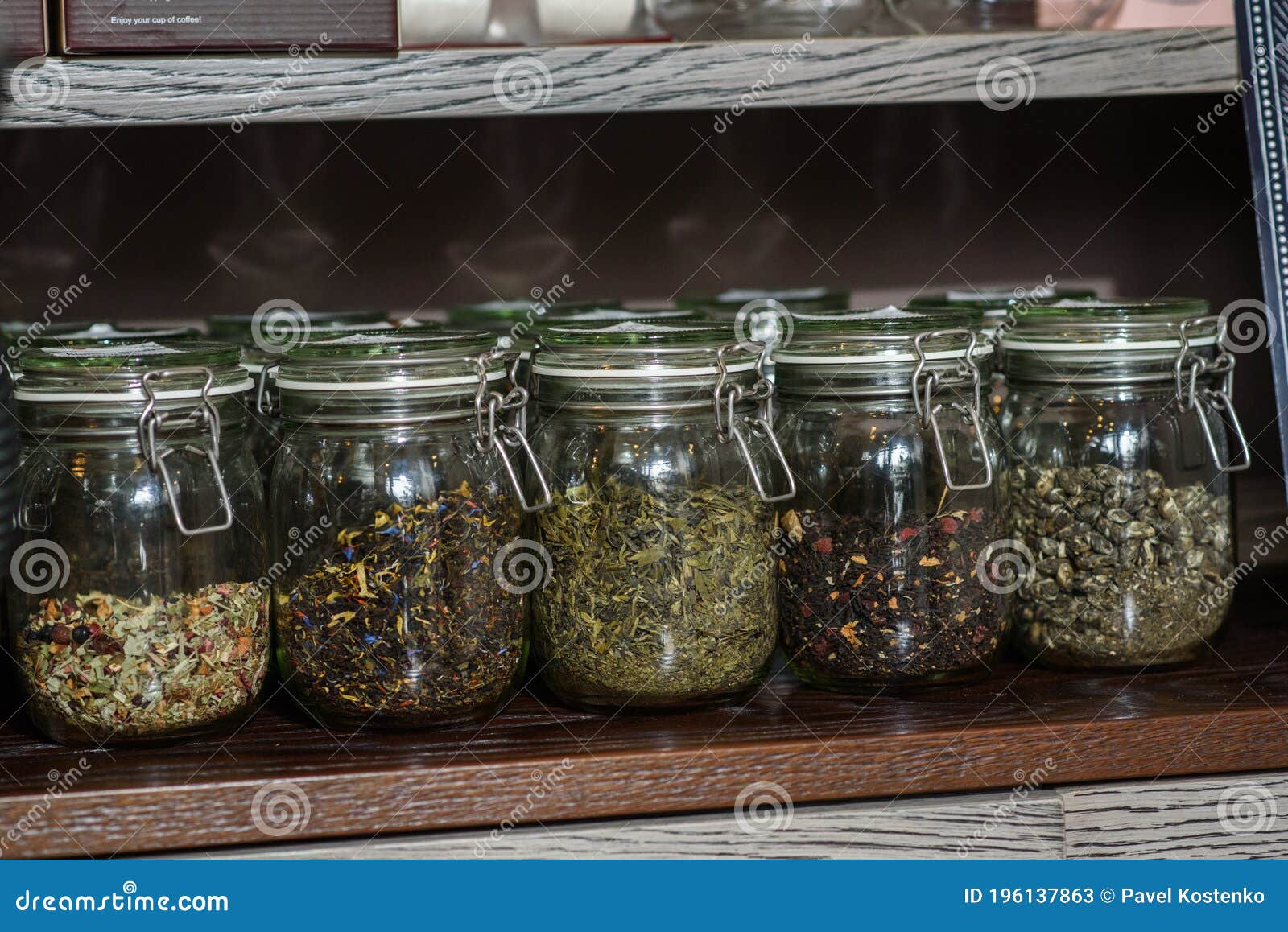 Different Types of Teas in Glass Jars on a Shelf Stock Image - Image of ...