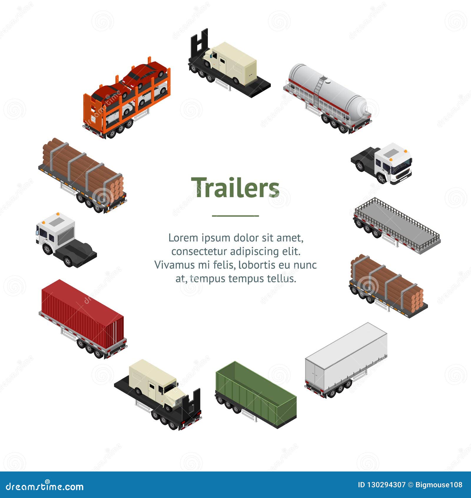 Different Types Trailers 3d Banner Card Circle Isometric View. Vector ...